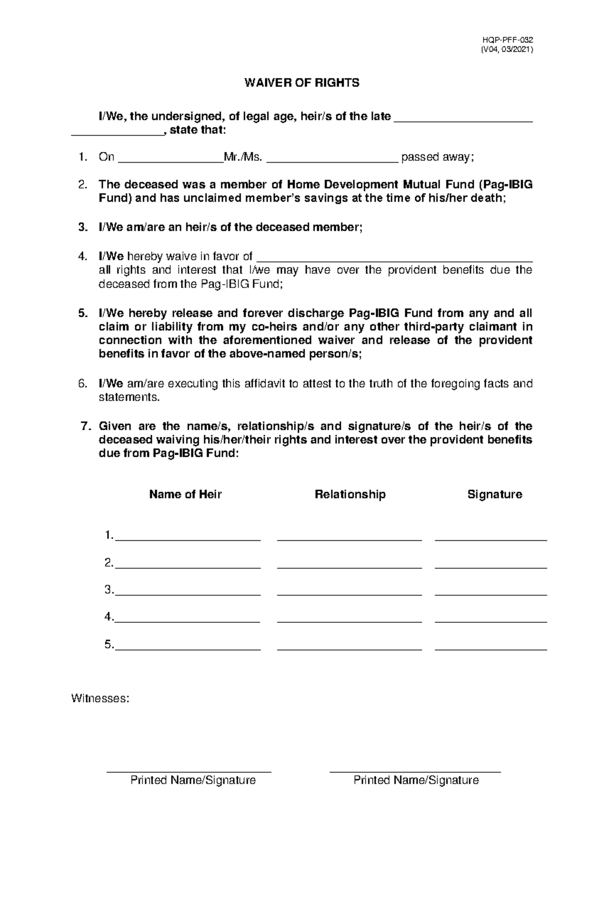 Waiver of Rights Over Provident Benefits - Pag-IBIG Fund Document - Studocu