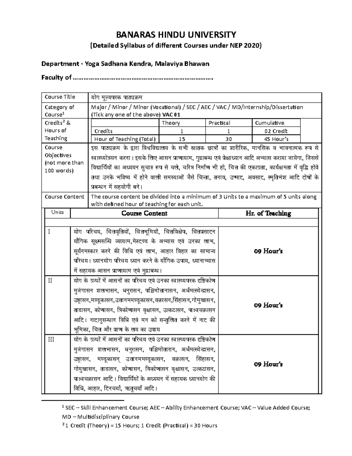 VAC-Yoga Syllabus under NEP 2020 - Detailed Course Structure - Studocu