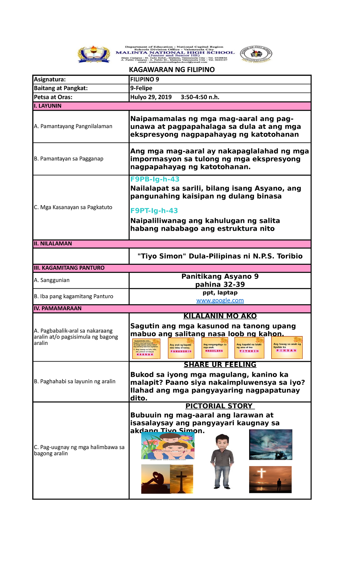 FILIPINO 9 Lesson on "Tiyo Simon" Dula ni N.P.S. Toribio - Studocu