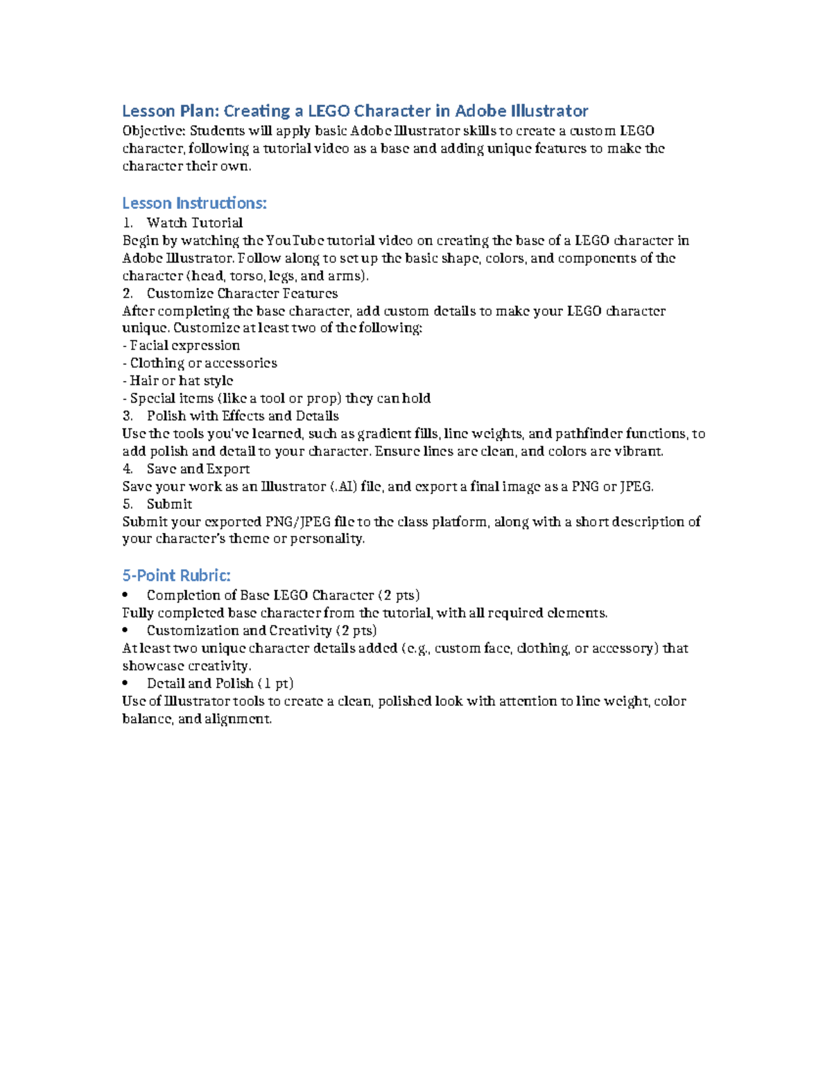 LEGO Character Creation Lesson Plan in Adobe Illustrator - Studocu