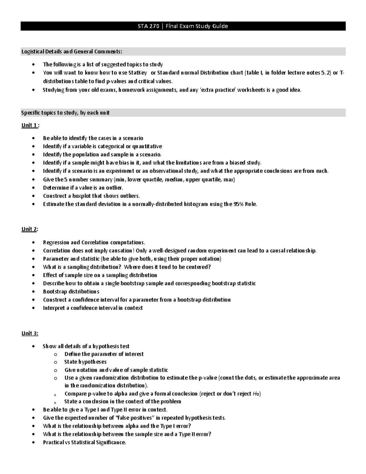 STA270 Final Exam Breakdownof Topics To Study 1 - STA 270 | Final Exam Study Guide Logistical ...