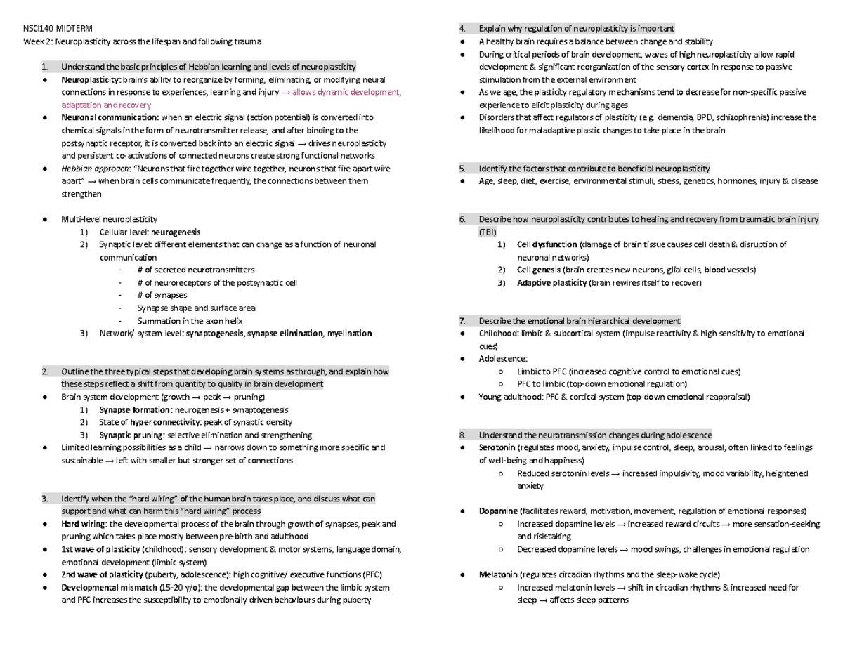 NSCI140 Midterm Review: Key Concepts in Neuroplasticity and Development - Studocu