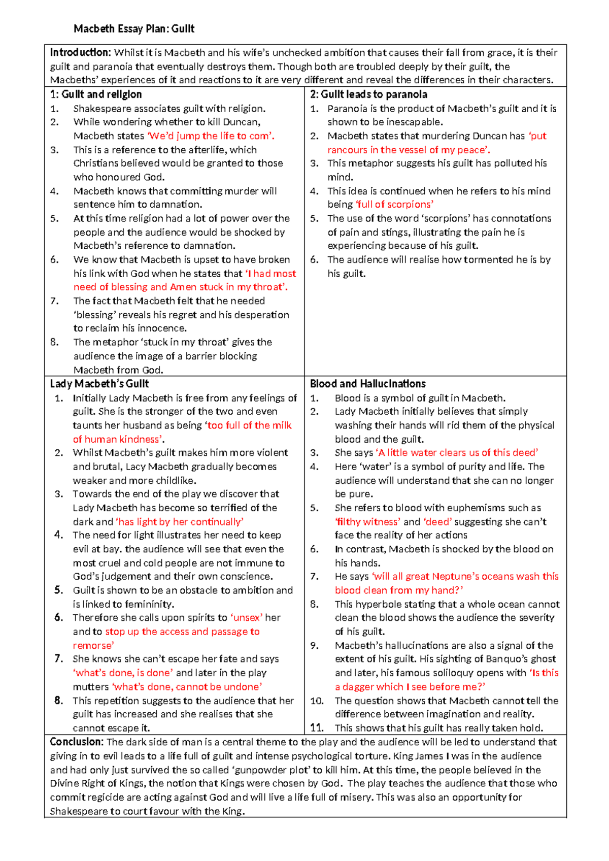 Macbeth Essay Plan Guilt Analysis and Character Reactions - Studocu