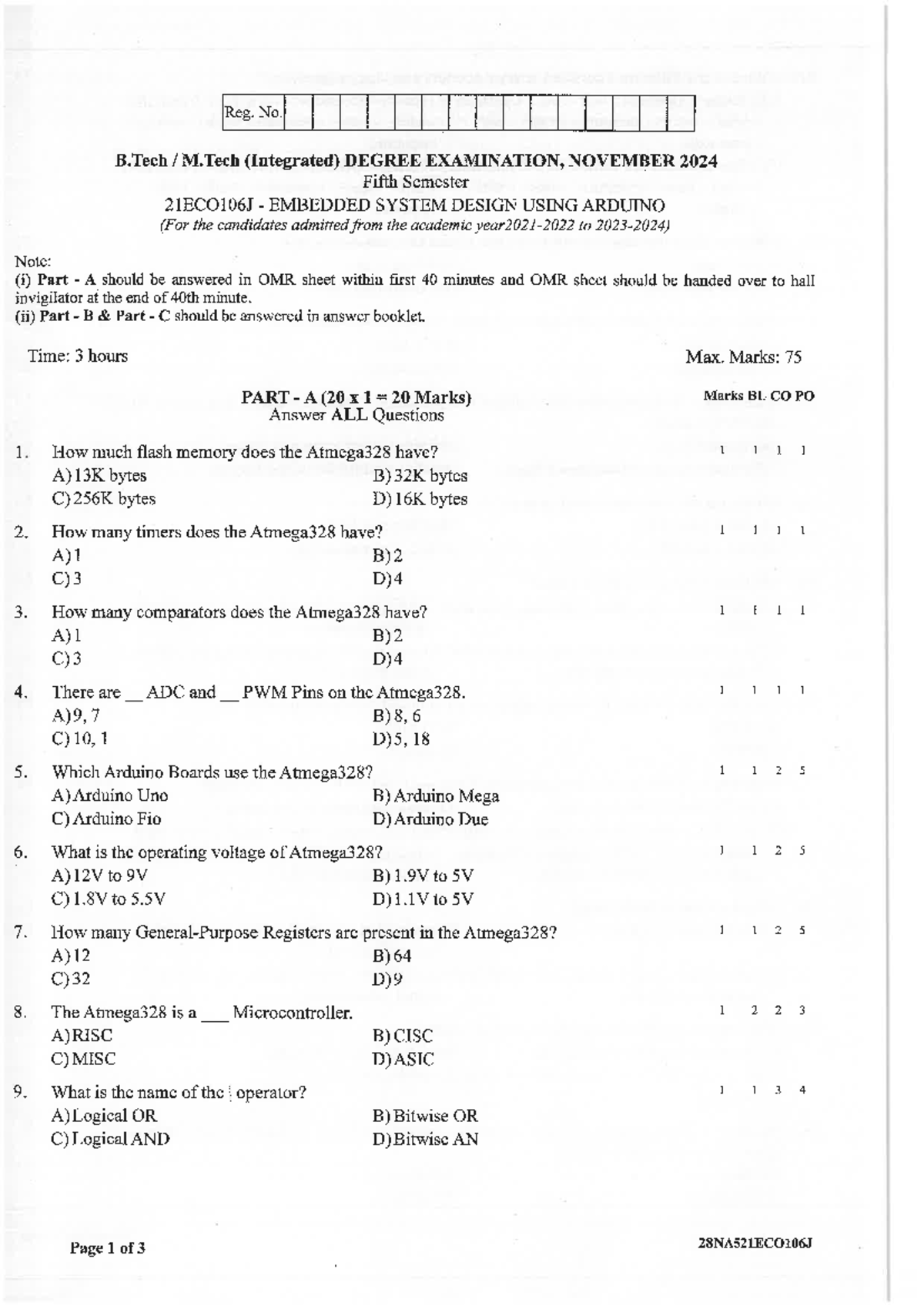 21ECO106J Embedded System Design Using Arduino - Exam Nov 2024 - Studocu