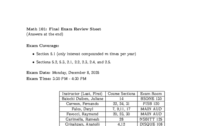 Math 101: Final Exam Review Sheet & Practice Problems - Studocu