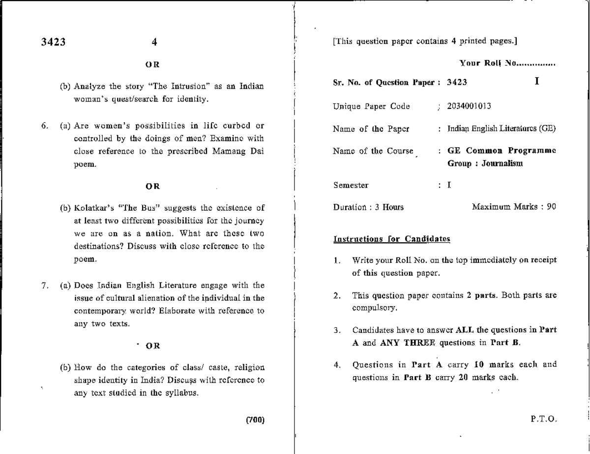 Indian English Literatures (GE) 3423 Previous Year Question Paper - Studocu