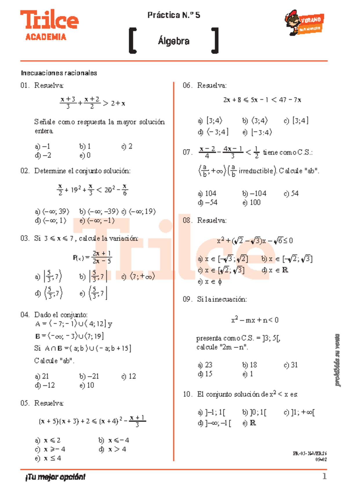 Práctica N.° 5 de Álgebra: Inecuaciones Racionales - Verano SM - Studocu