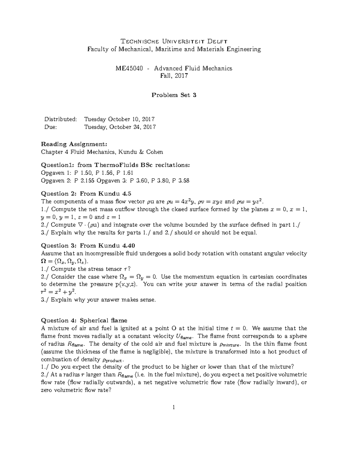 ME45040 - Advanced Fluid Mechanics Problem Set 3: Practice Problems ...