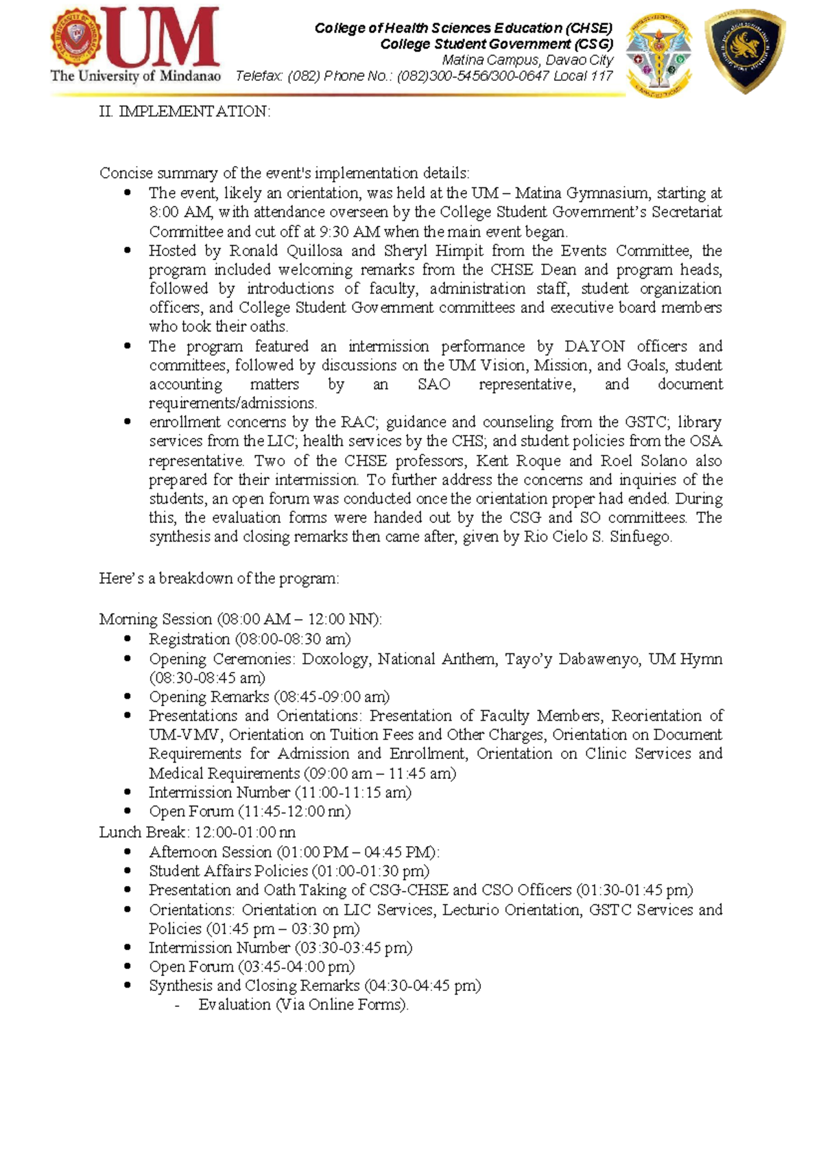 GA CHSE Reflection Paper: Orientation Event Summary by Juvine Ramos ...