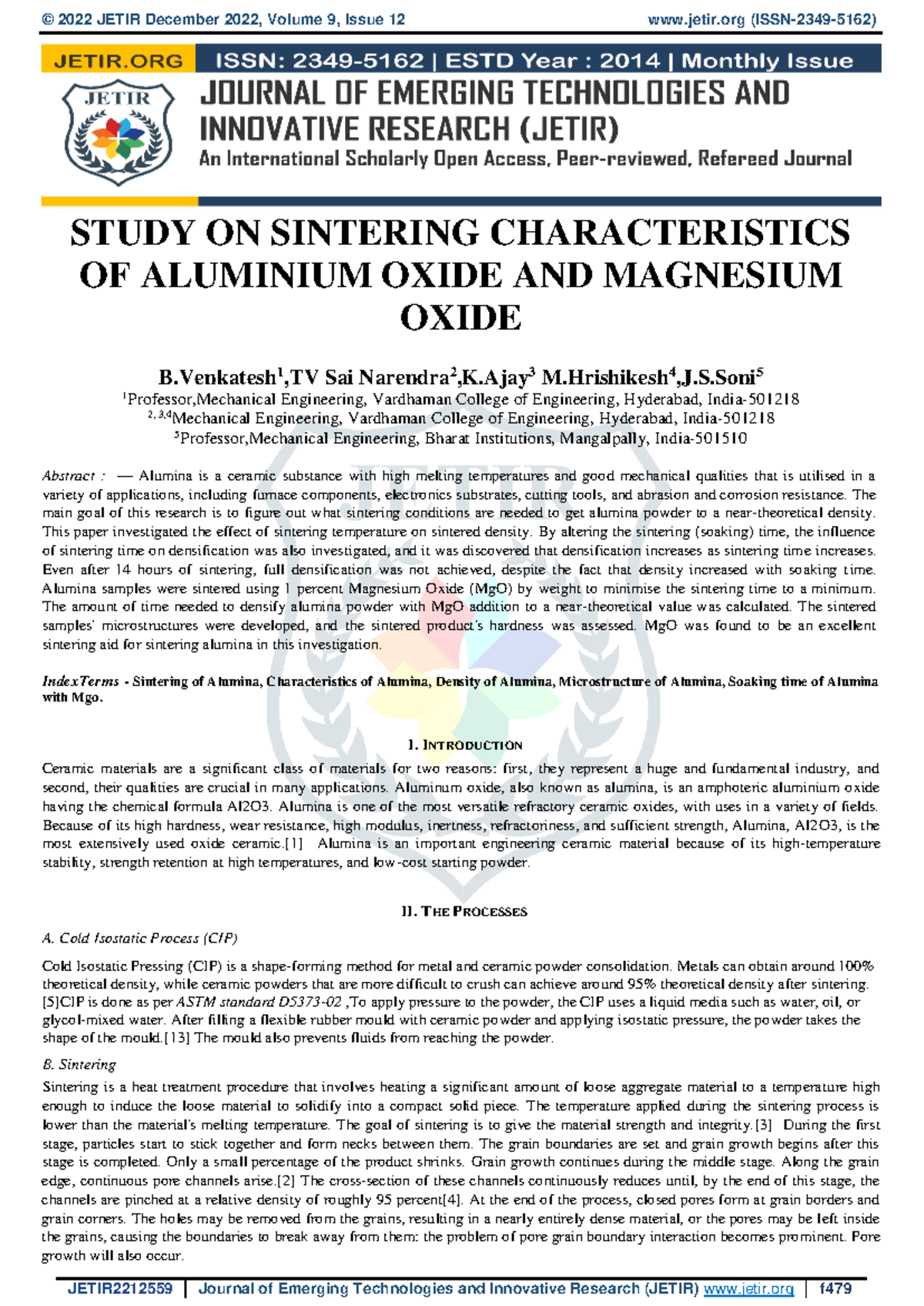 Study on Sintering Characteristics of Al2O3 and MgO (JETIR2212559 ...