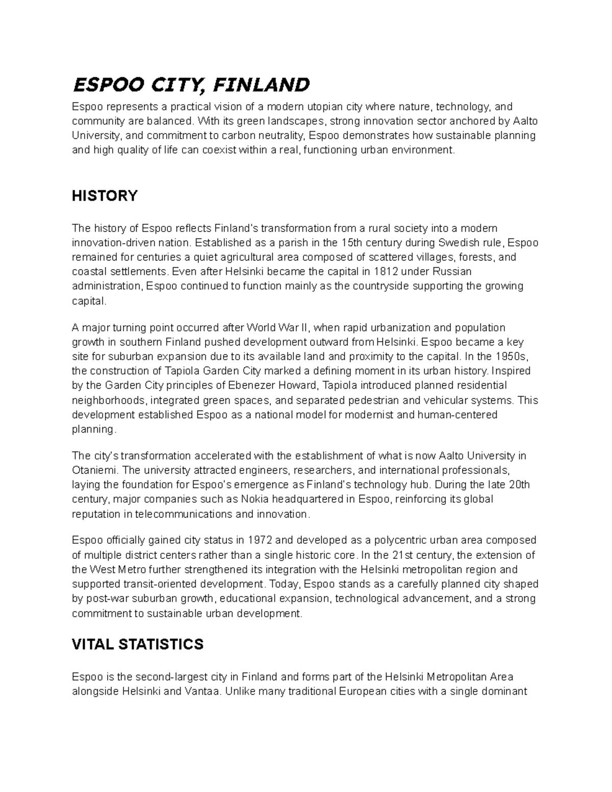 ESPOO CITY, FINLAND: A Narrative Report on Urban Planning and ...
