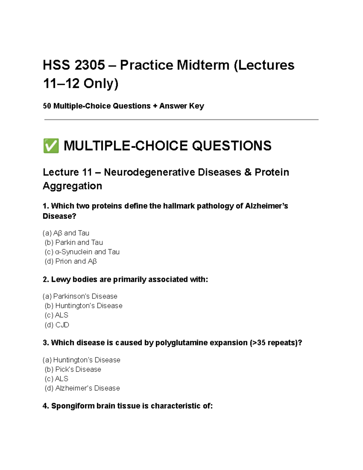 HSS 2305 Practice Midterm Answer Key: Neurodegenerative Diseases ...