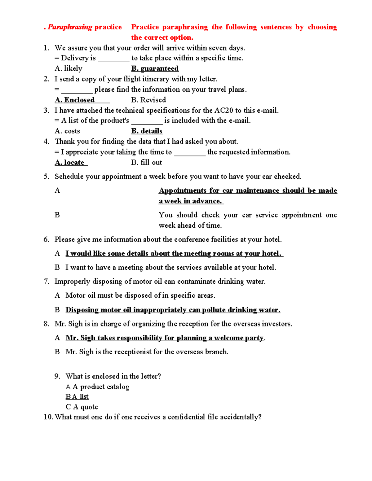 Lesson 11 - Paraphrasing Practice Exercises - Studocu