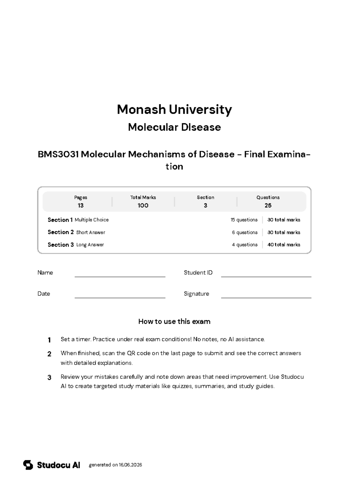 BMS3031 Molecular Mechanisms of Disease - Final Exam - Studocu