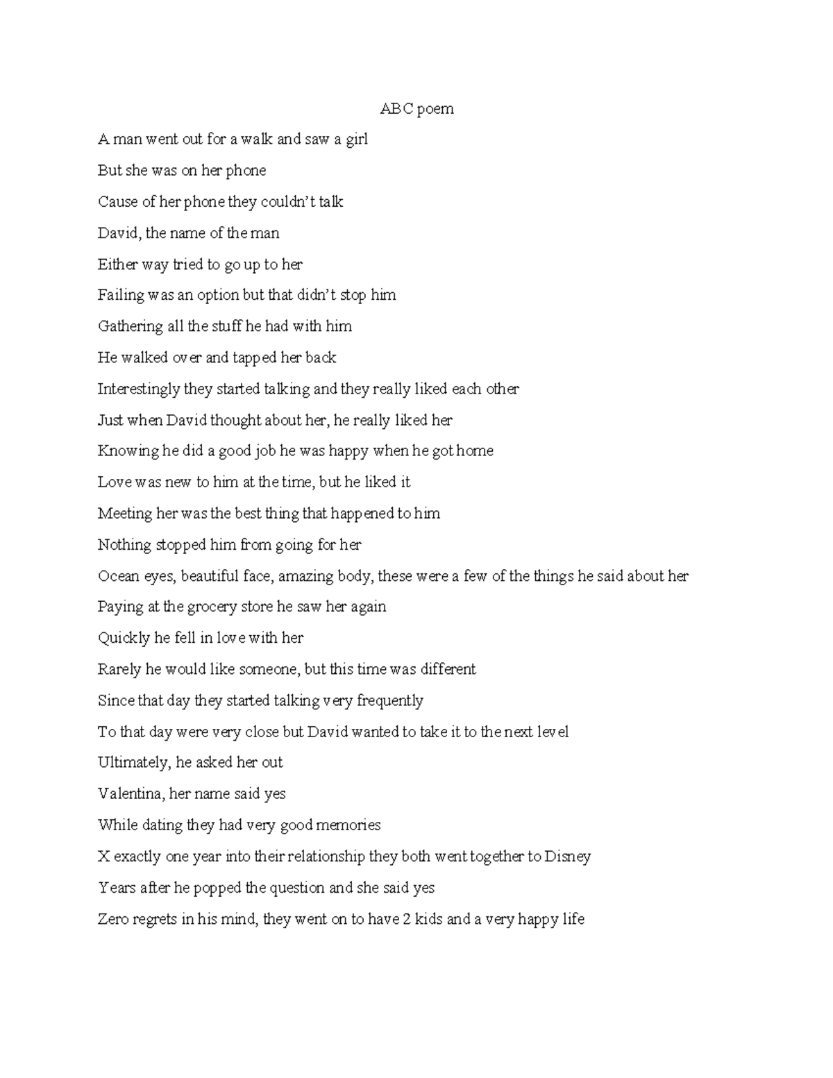 Abc poem - abc poem - ABC poem A man went out for a walk and saw a girl ...