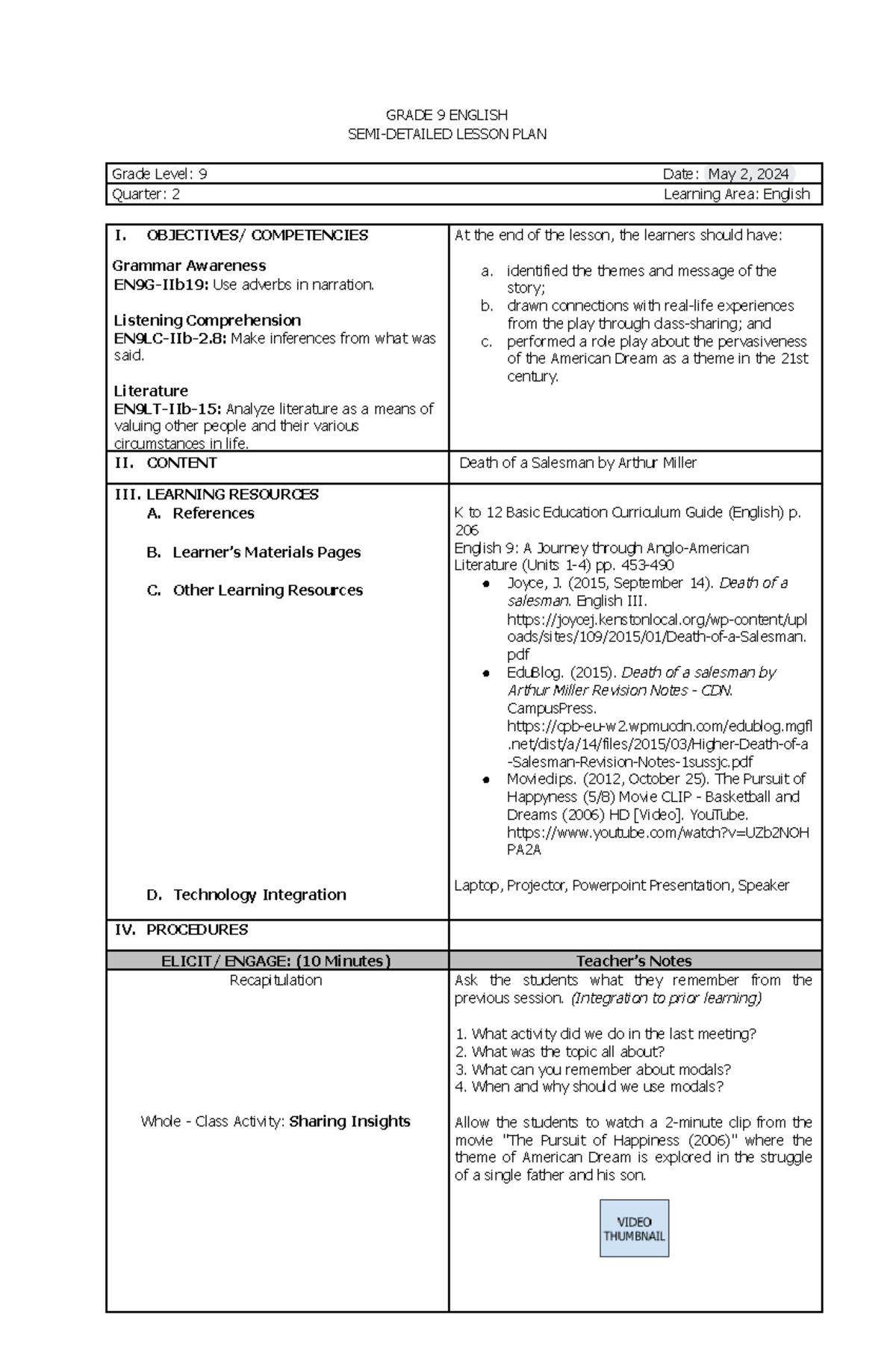 Casuela 5E Gr. 9 English Lesson Plan on "Death of a Salesman" - Studocu