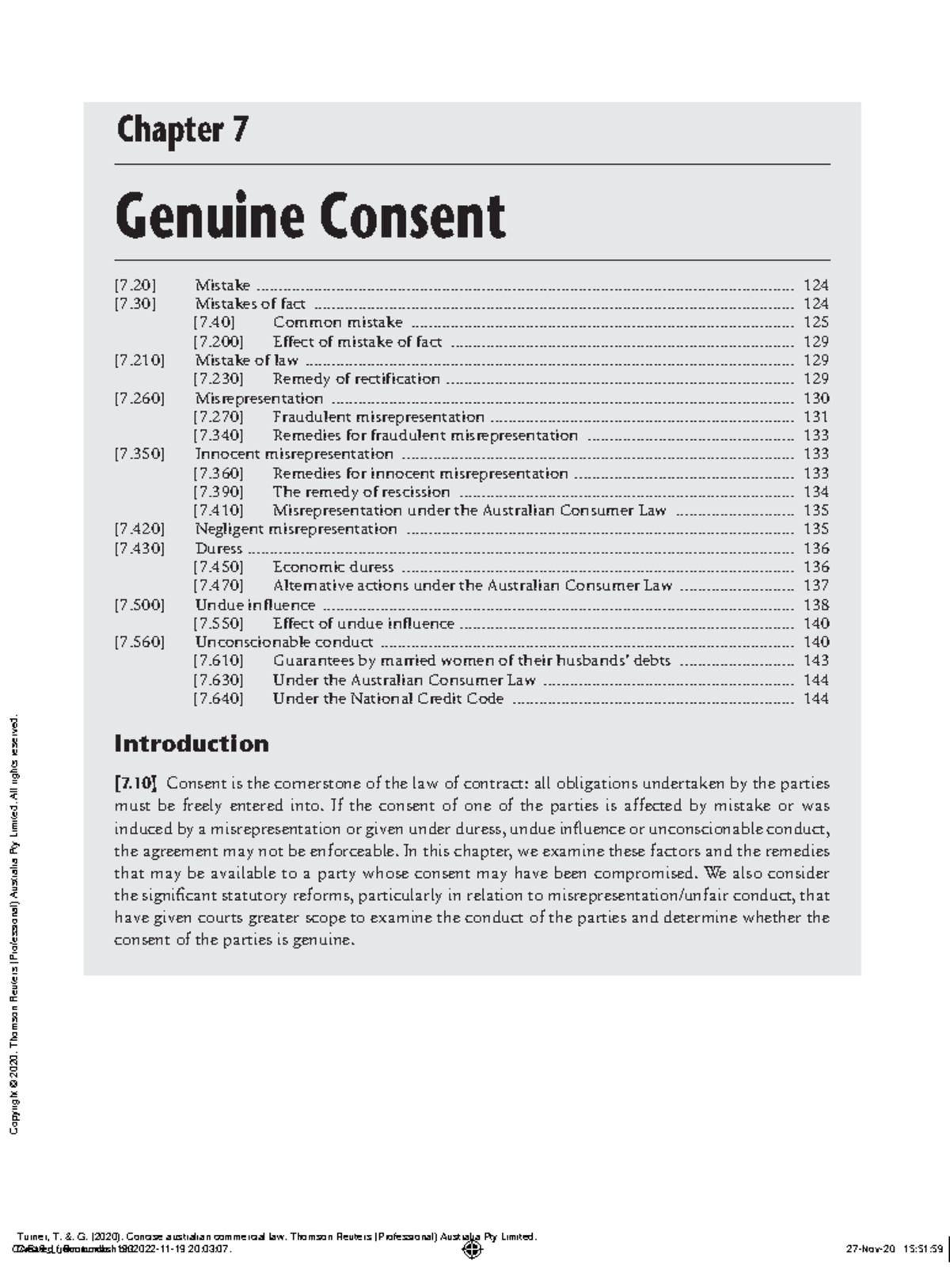 Australian Commercial Law (ACCT101) - Chapter 7: Genuine Consent ...