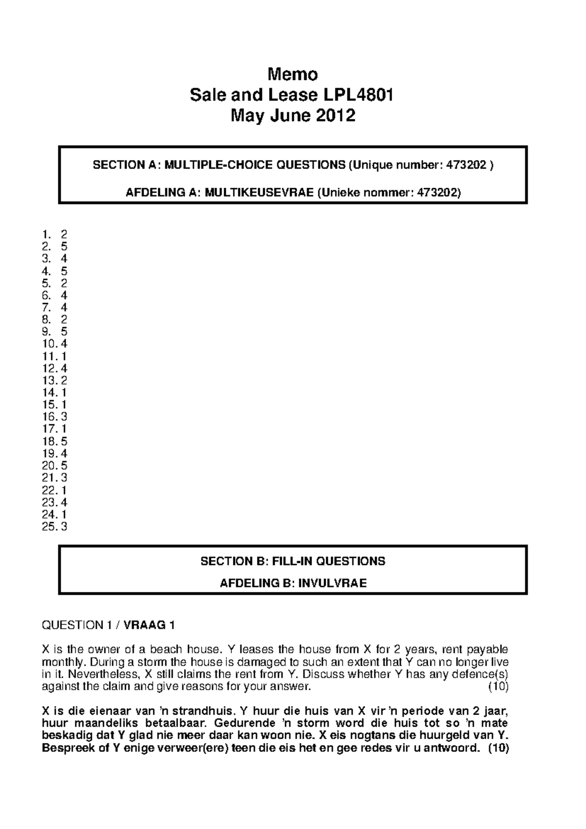 LPL4801 - May 2012 Exam Answers and Analysis on Sale and Lease - Studocu