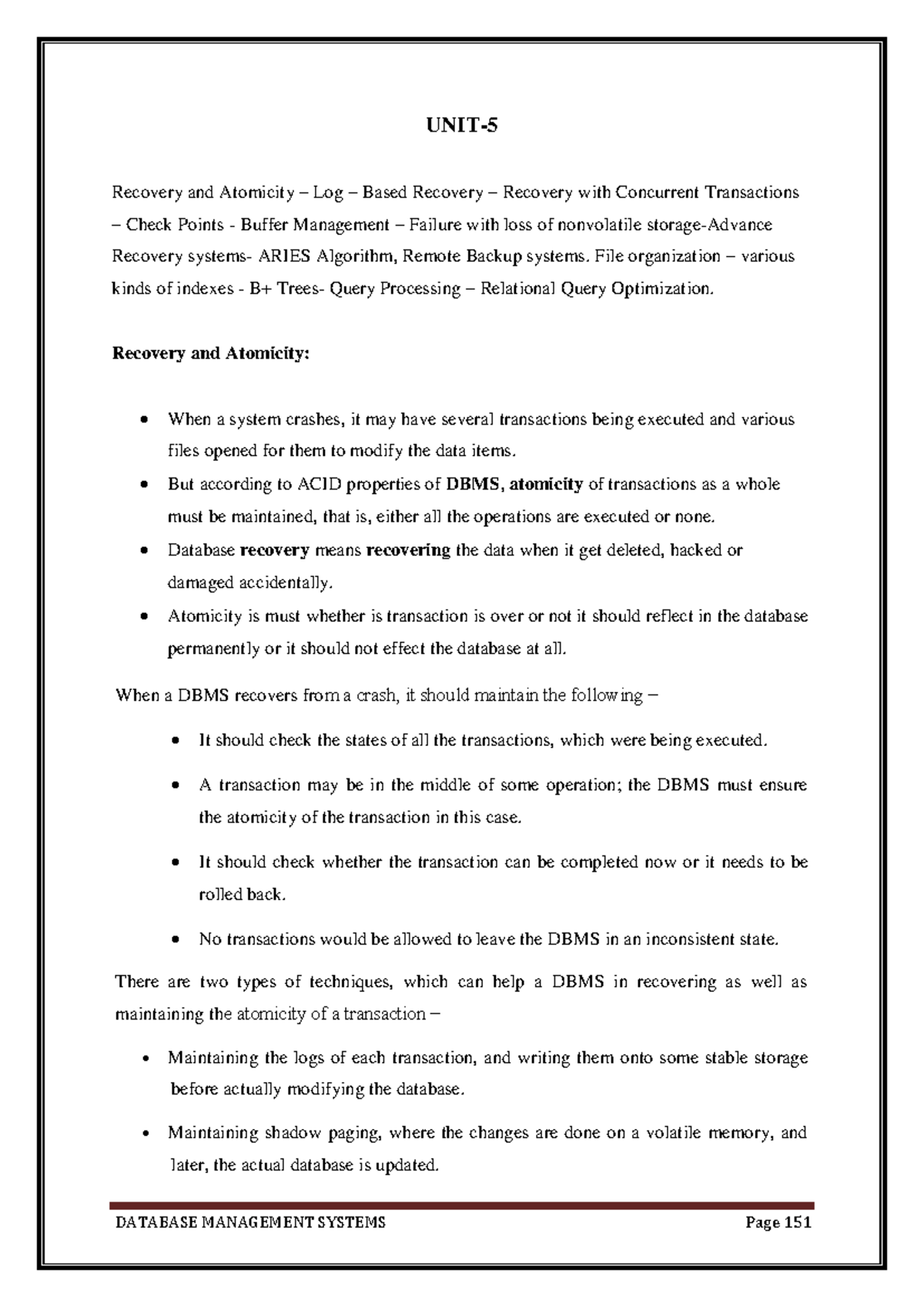 Unit 5 DBMS Notes: Recovery, Atomicity, and Buffer Management - Studocu
