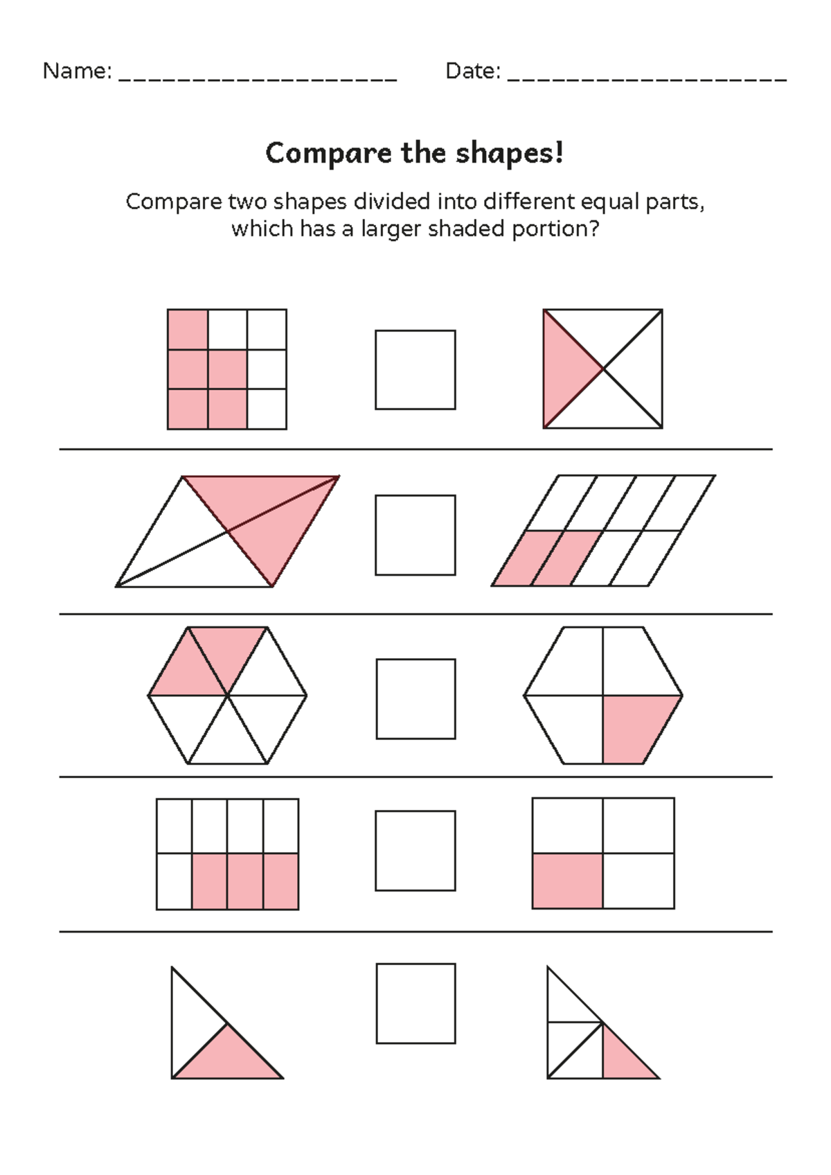 Comparing Shaded Fractions - 3rd Grade Worksheet - Name ...