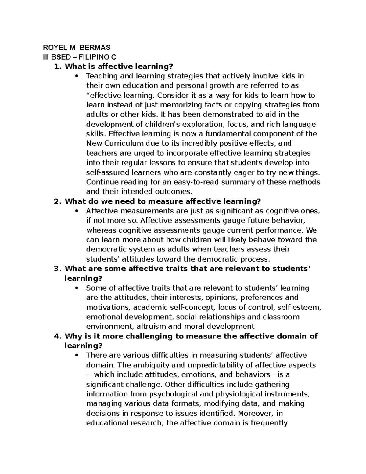 Affective Learning Strategies in BSED Filipino C 1: An Overview - Studocu