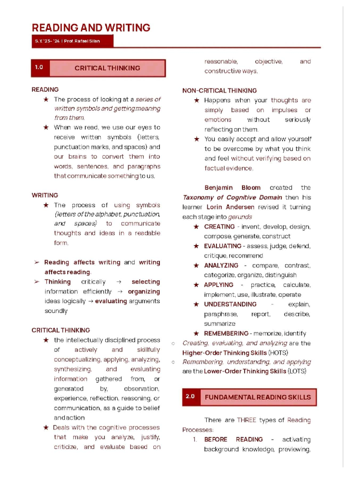 READING AND WRITING I: Critical Thinking and Reading Skills Overview ...