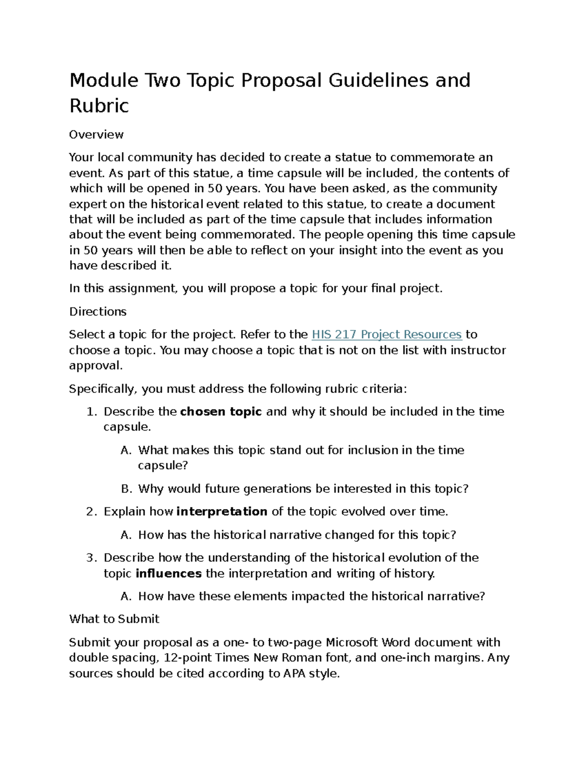 HIS 217 Final Project Topic Proposal for Time Capsule Inclusions - Studocu