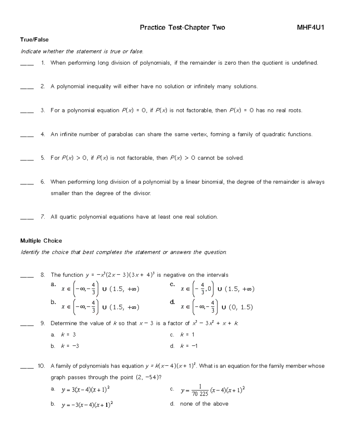 MHF4U Unit 2 Polynomial Practice Test with Answers and Solutions - Studocu