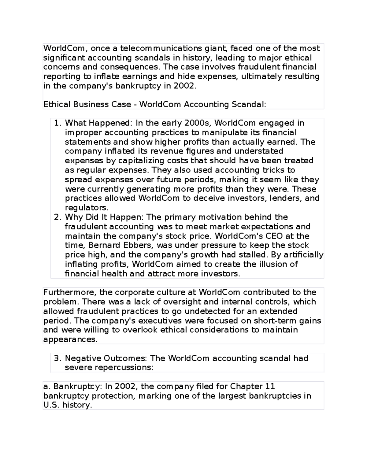 WorldCom Ethical Dilemma: Lessons Learned from a Major Scandal - Studocu