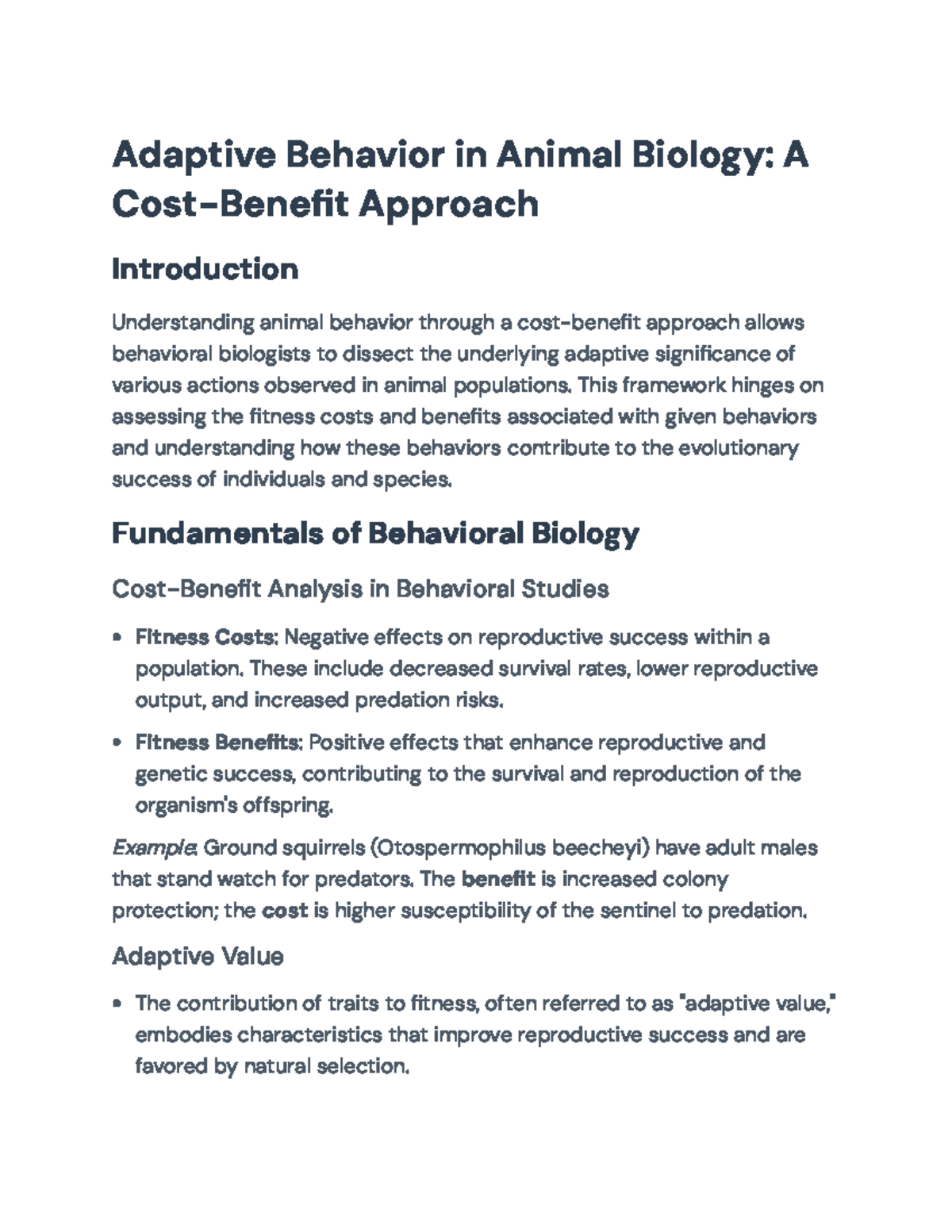 Adaptive Behavior in Animal Biology: A Cost-Benefit Analysis Overview ...