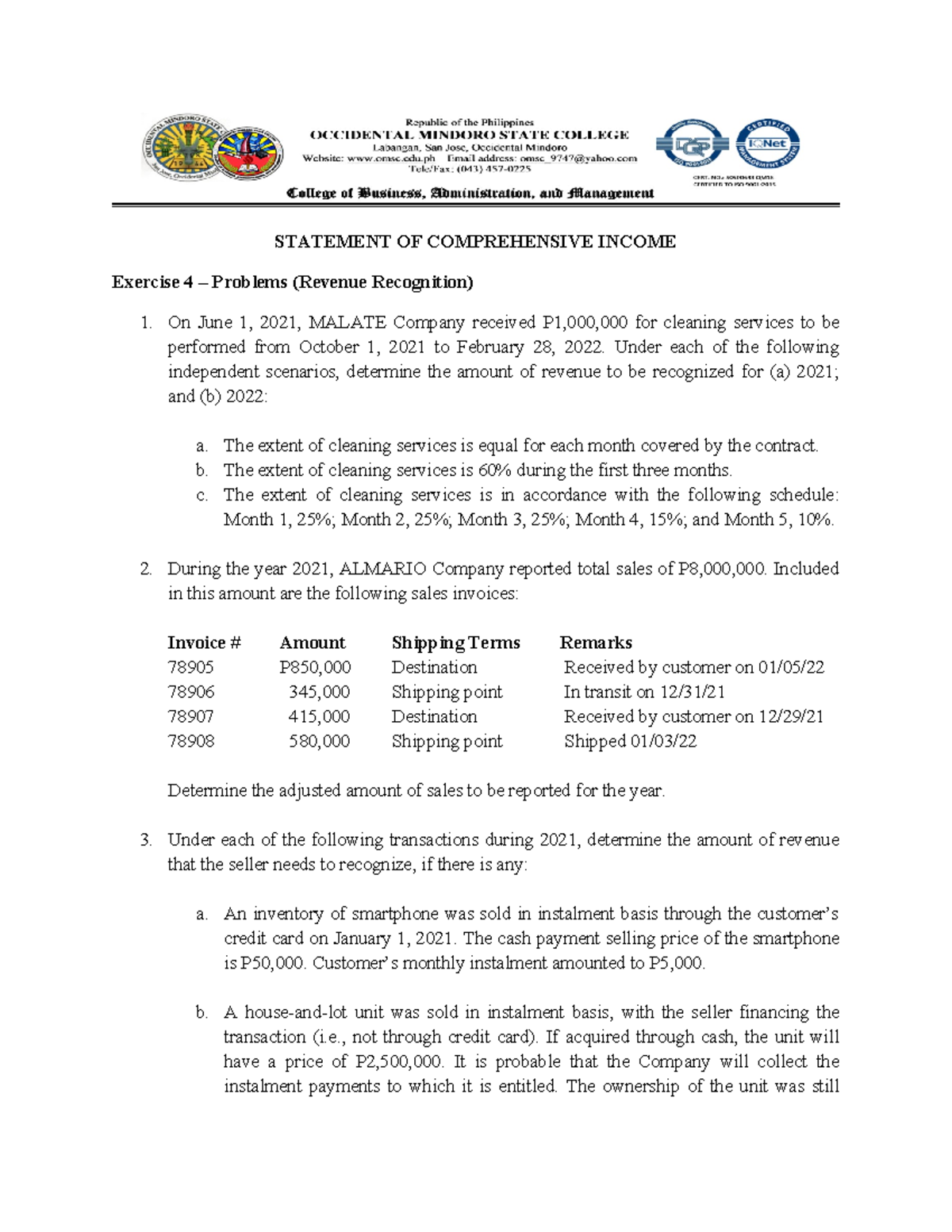 Exercise 4 Statement of Comprehensive Income - STATEMENT OF ...