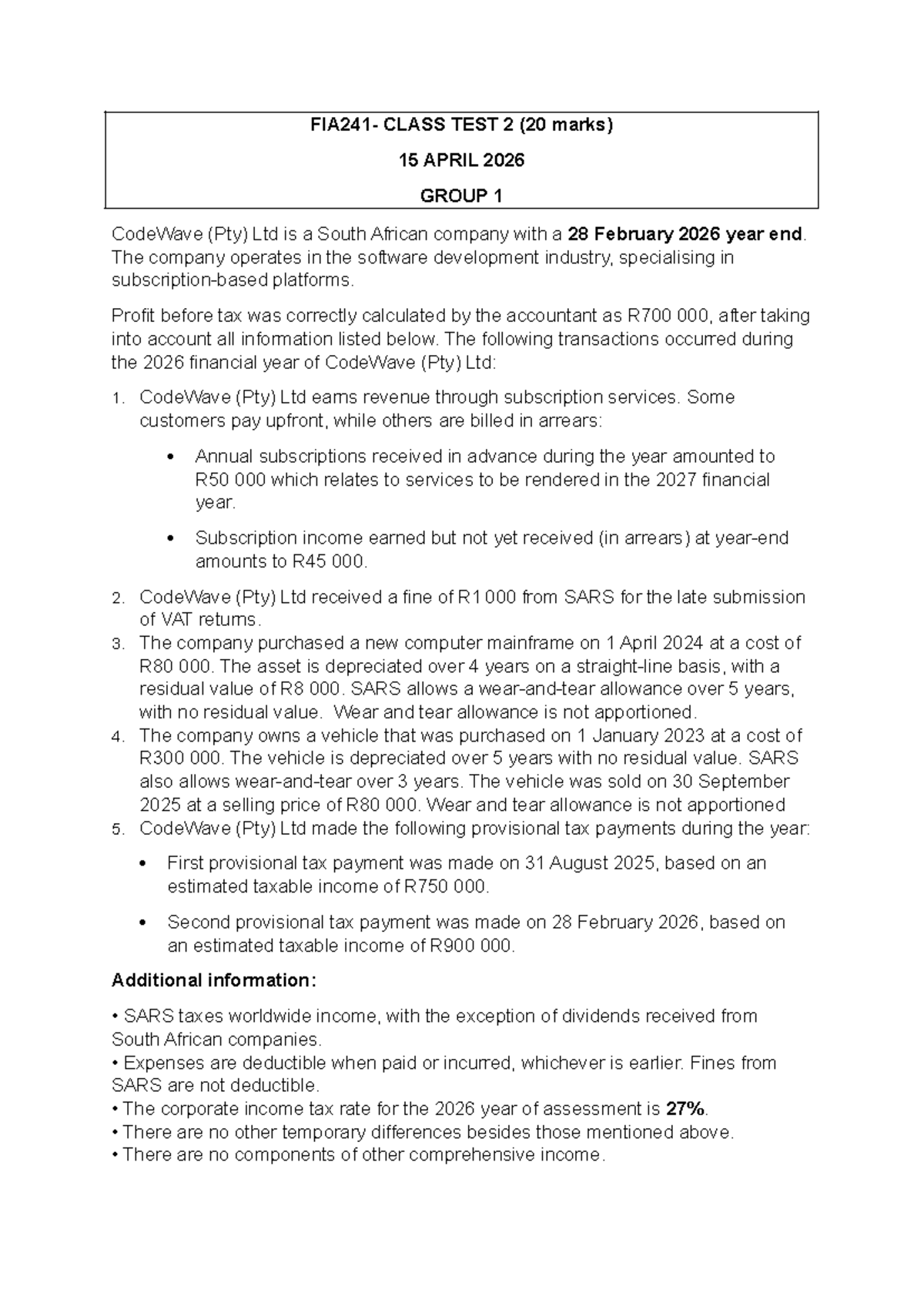 Class Test 2 (20 Marks) - CodeWave (Pty) Ltd Financial Analysis - Studocu
