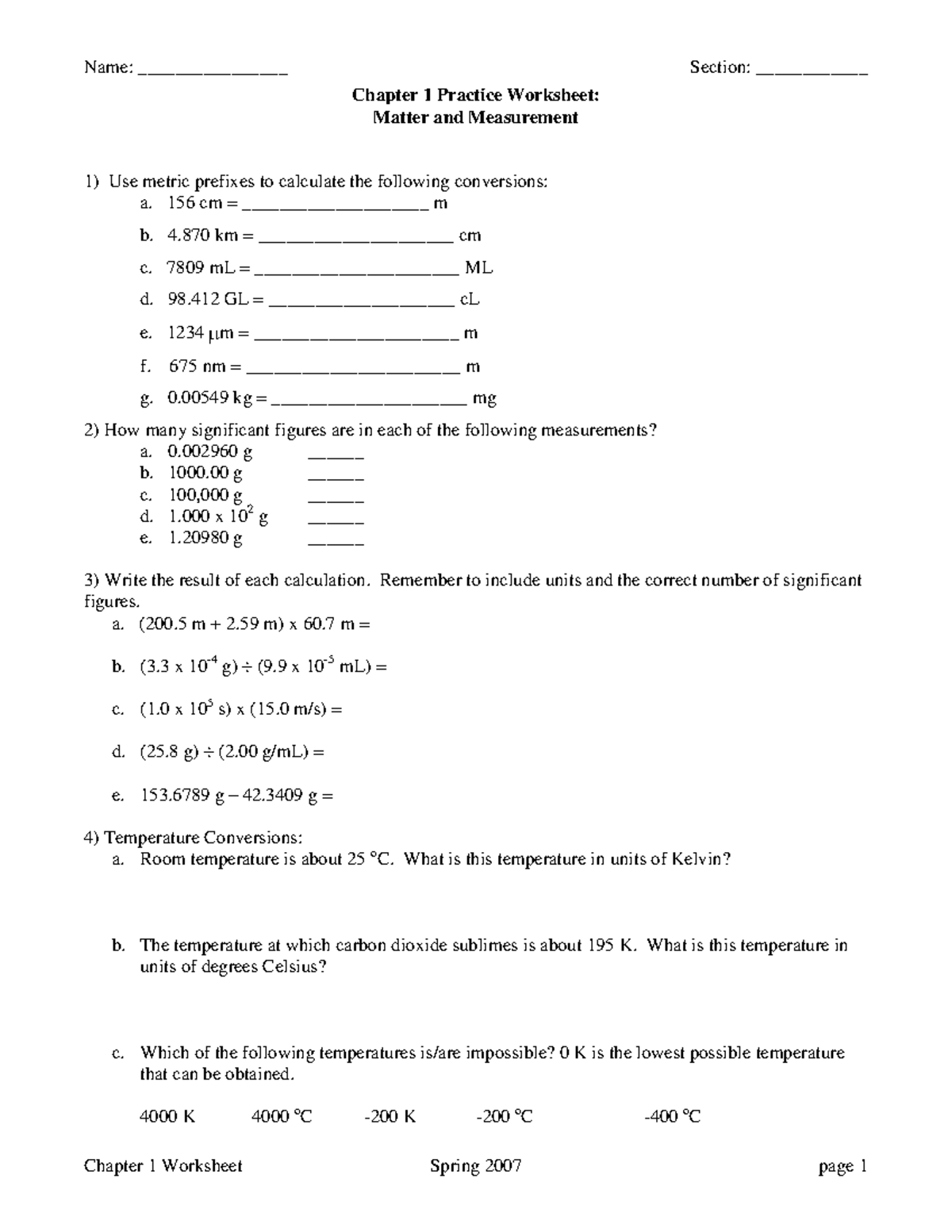 Ch 1 Practice Wkst S07 - Matter & Measurement Worksheet - Studocu