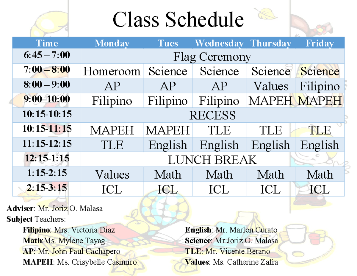 Class Schedule - Class Schedule Time Monday Tues Wednesday Thursday ...
