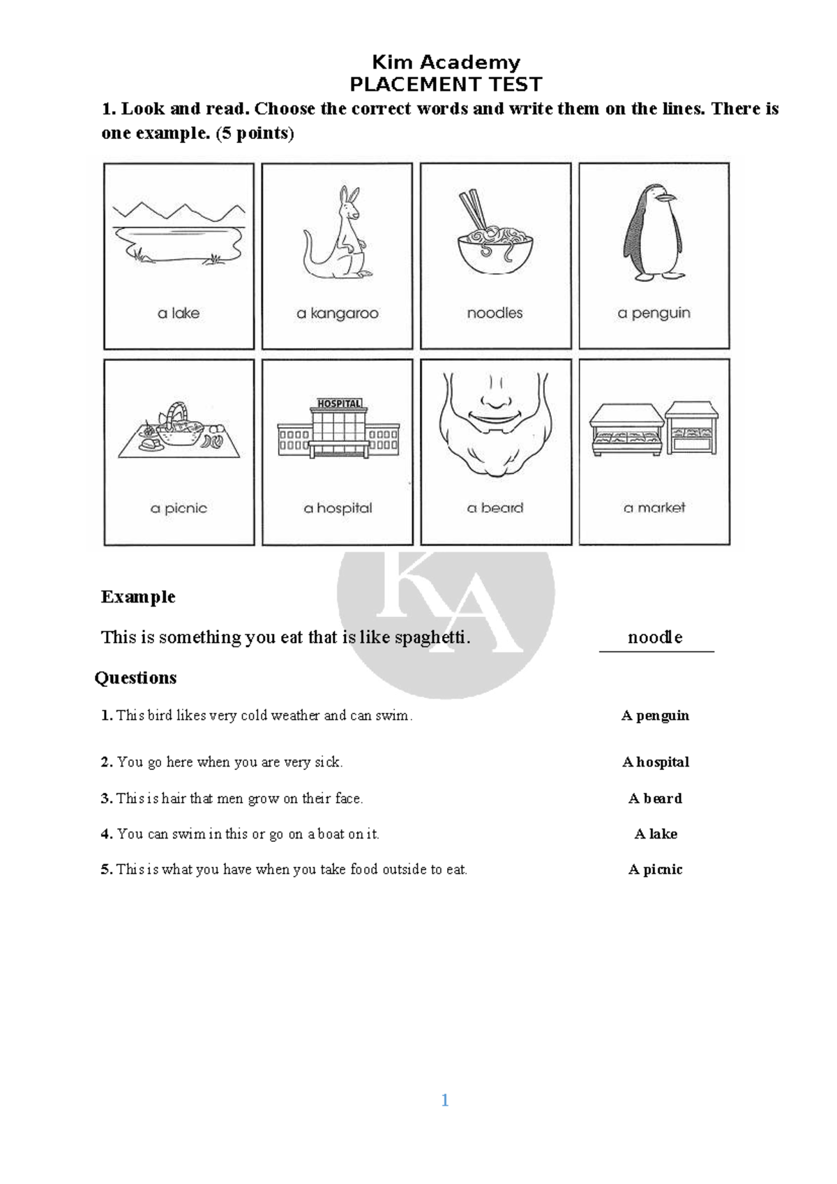 Kim Academy PLACEMENT TEST 1: Vocabulary and Comprehension Activities ...