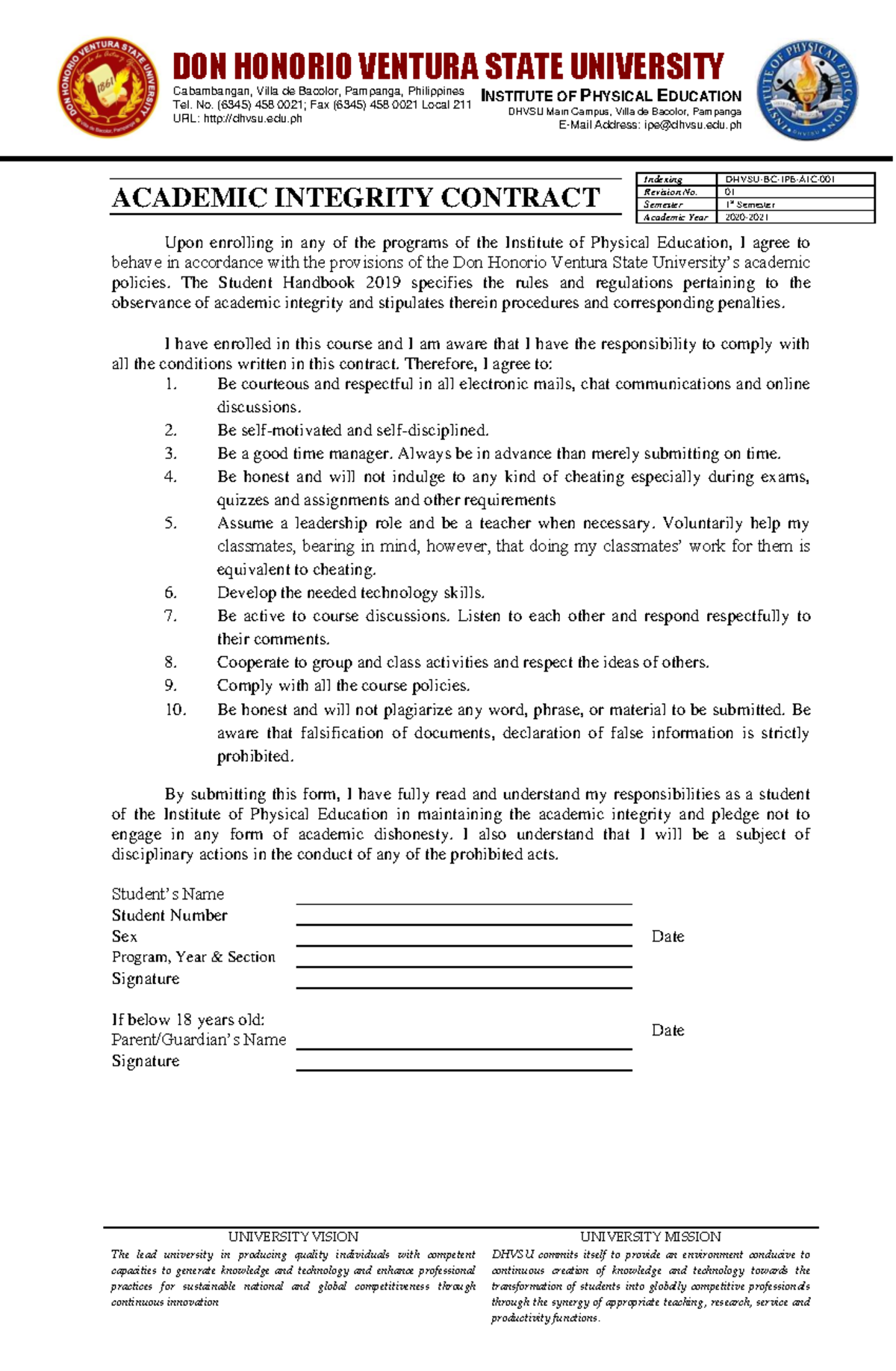 Academic Integrity Contract - DHVSU Institute of PE - Studocu