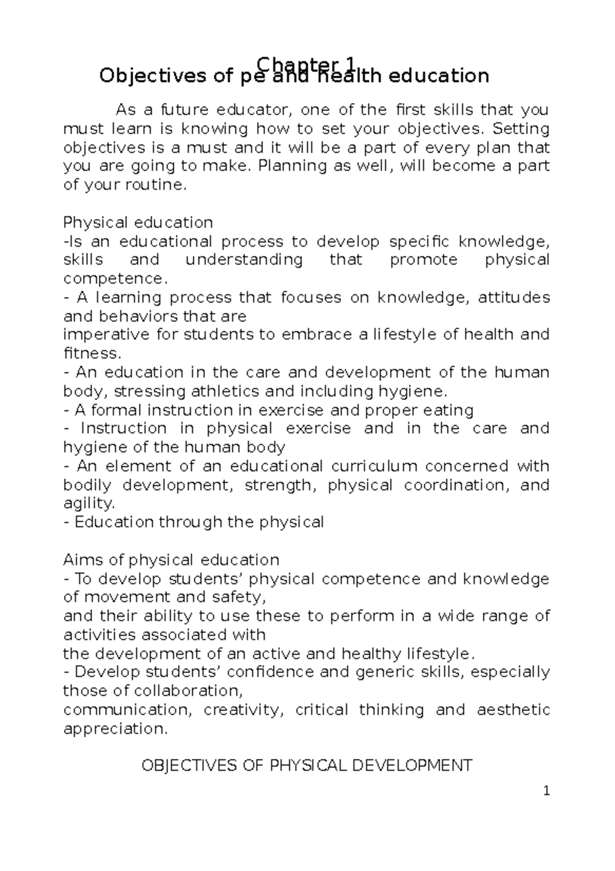 Objectives of PE and Health Education: A Comprehensive Guide - Studocu