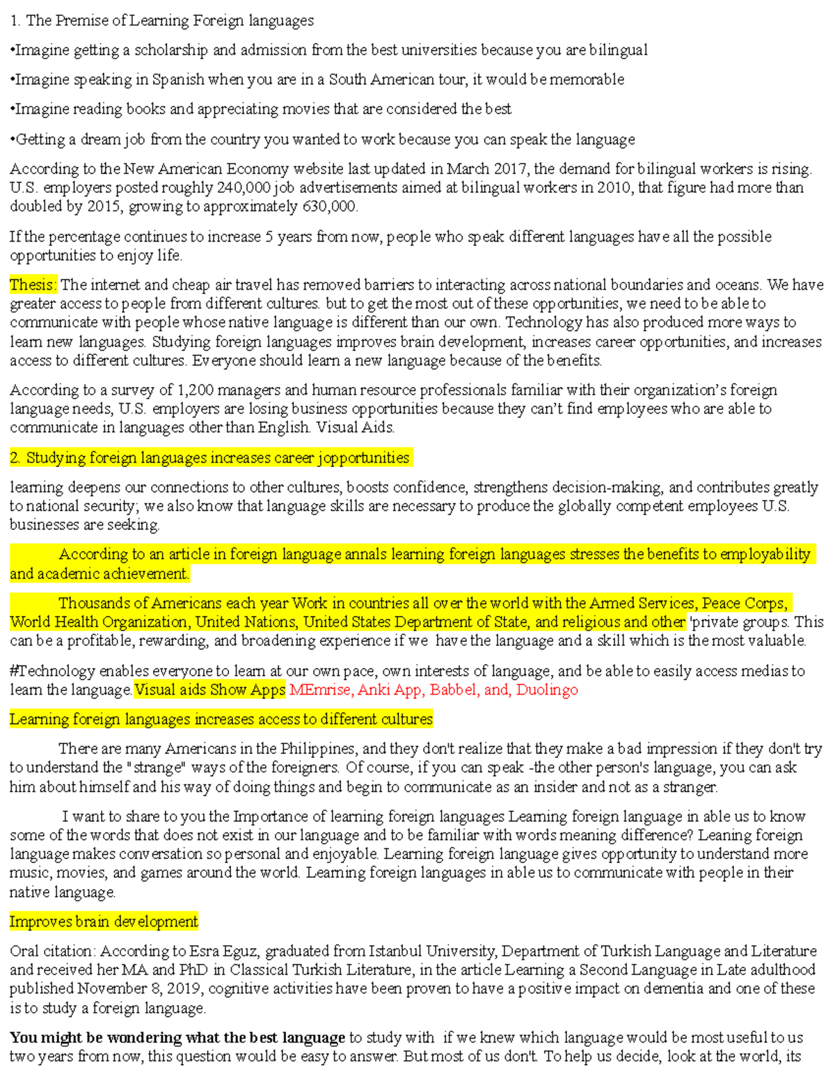 Persuasive Speech Draft on the Importance of Learning Foreign Languages ...