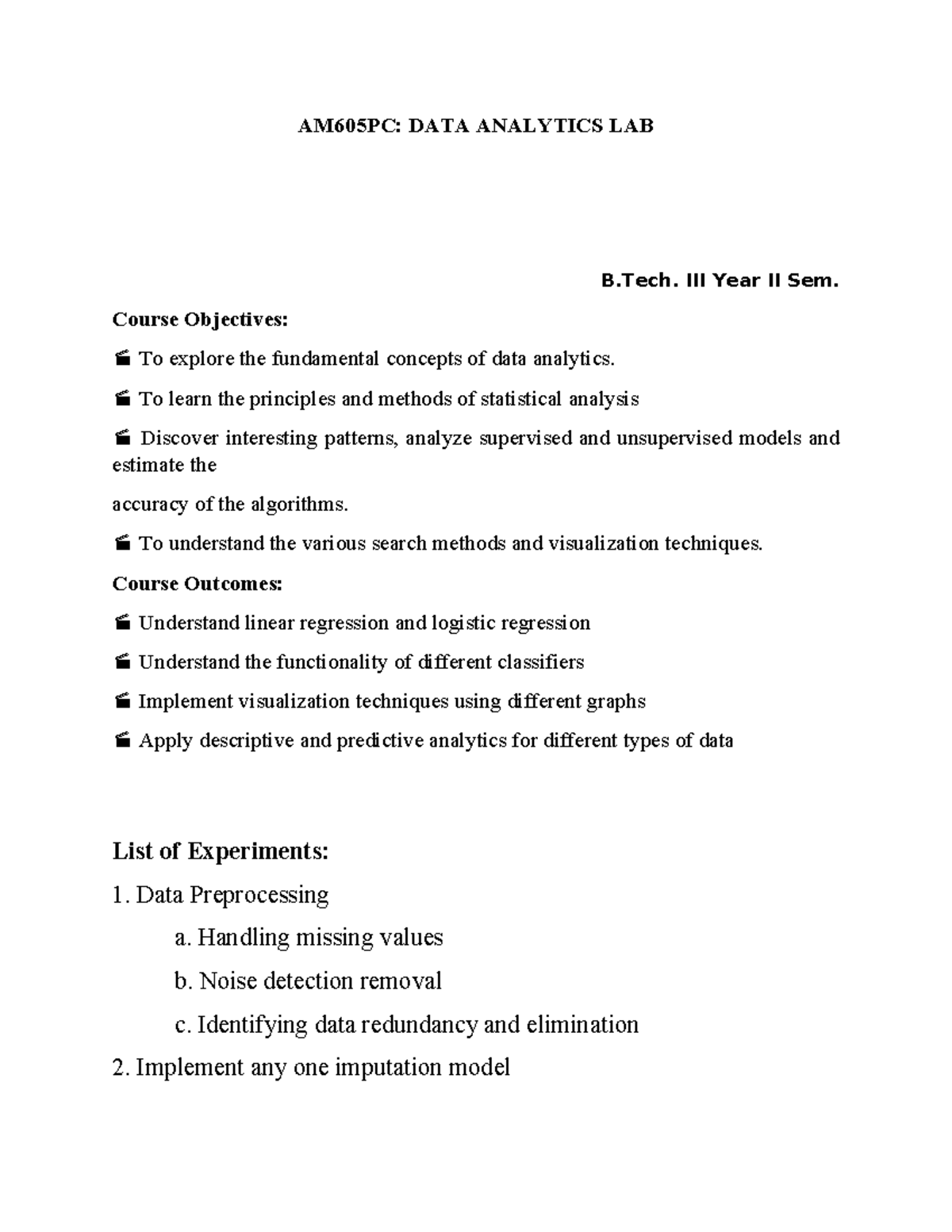 AM605PC: Data Analytics Lab Manual for B.Tech Year II Sem - Studocu