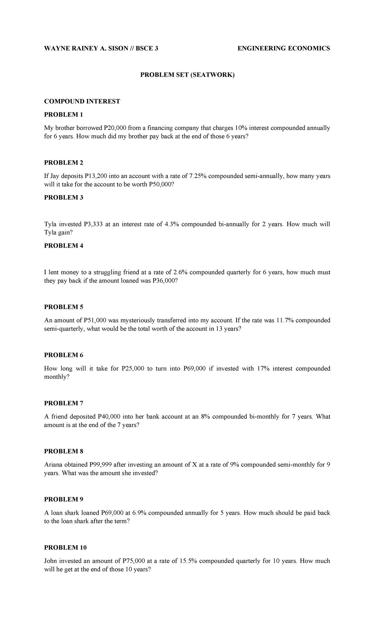 Problem Set 2 - BSCE 3 Engineering Economics: Compound Interest ...