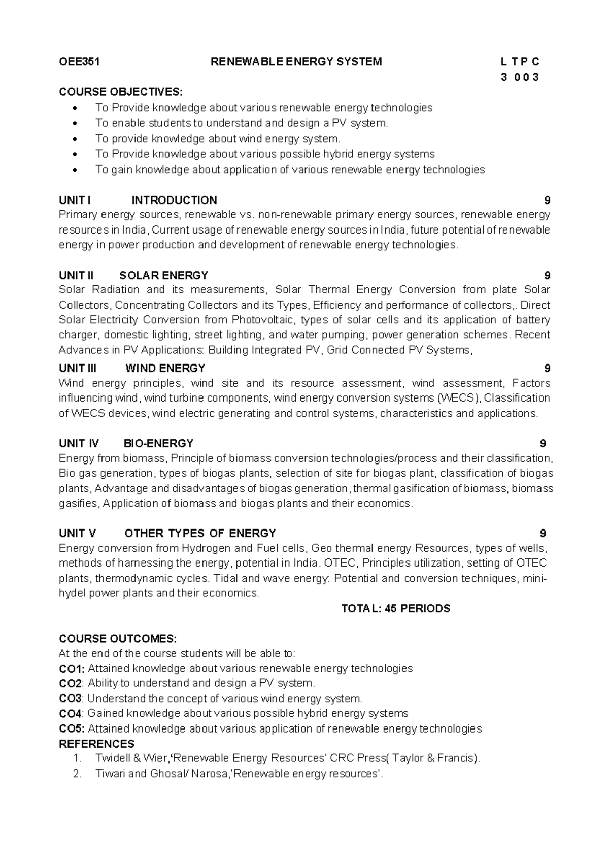 OEE351 Renewable Energy System Syllabus and Course Objectives - Studocu