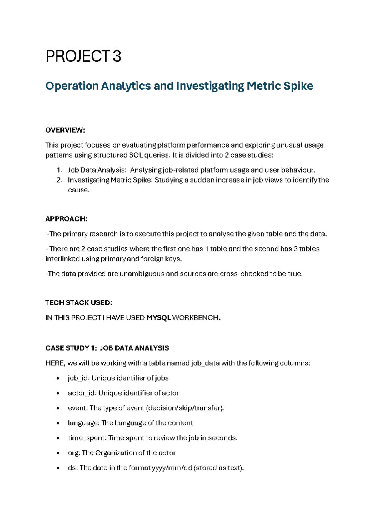 Operation Analytics & Metric Spike Investigation - Project 3 - Studocu