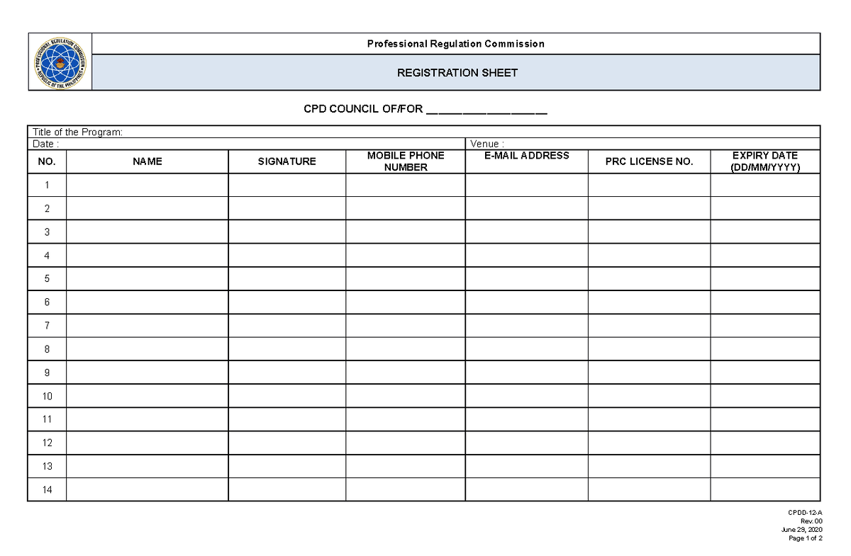 CPDD-12-A - CPD - Professional Regulation Commission REGISTRATION SHEET ...