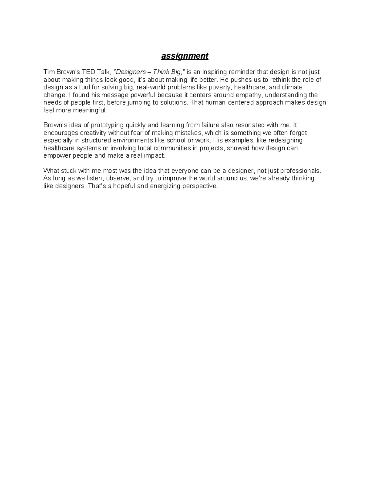 Assignment: Reaction to Tim TED Talk on Design and Empathy - Studocu