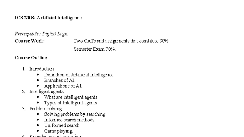 ICS 2308: Introduction to Artificial Intelligence Lecture Notes - Studocu