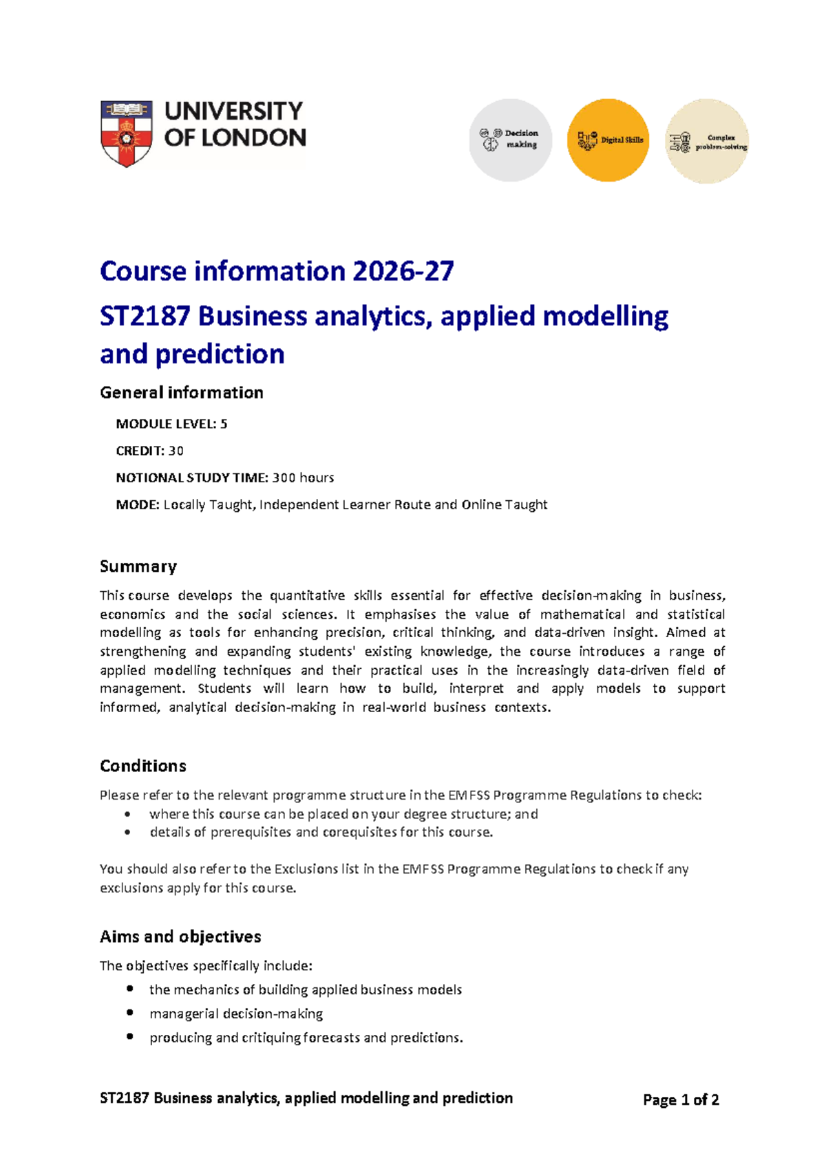 ST2187 Business Analytics: Applied Modelling & Prediction Overview ...