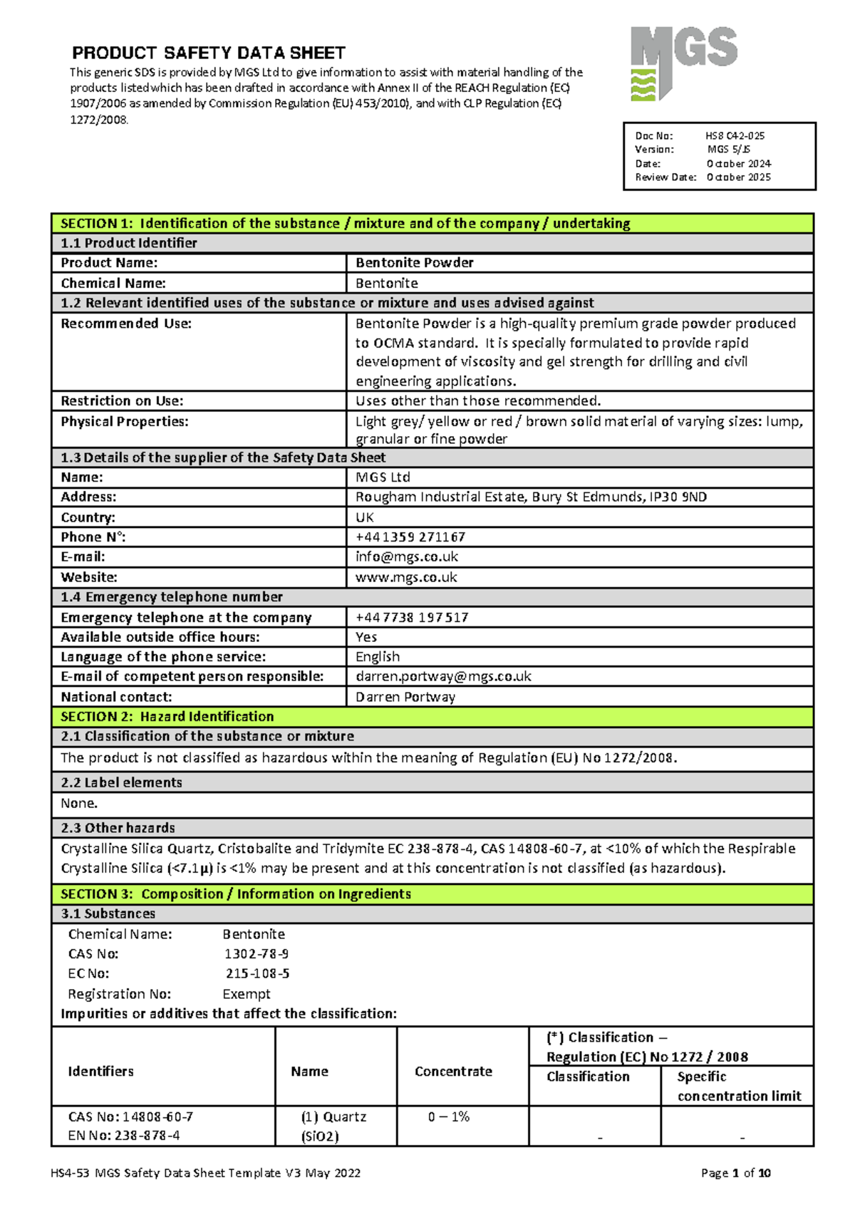HS8 C42 025 Safety Data Sheet for Bentonite Powder - MGS Ltd - Studocu