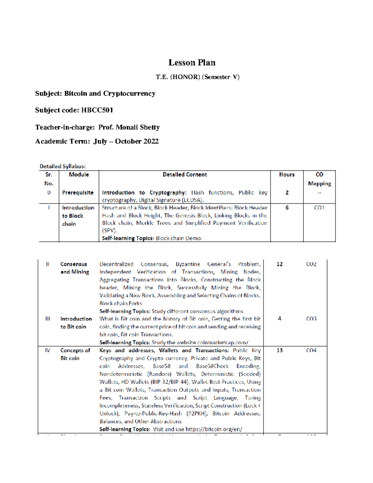 Sem Vi Cryptocurrencymanual - Lesson Plan T. (HONOR) (Semester V ...