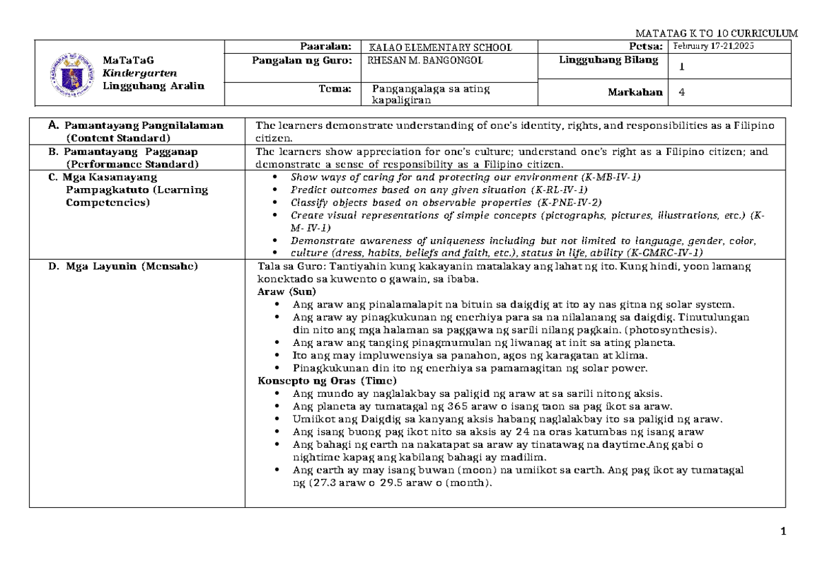 K-12 Lesson Plan: Caring for Our Environment in Kindergarten - Studocu