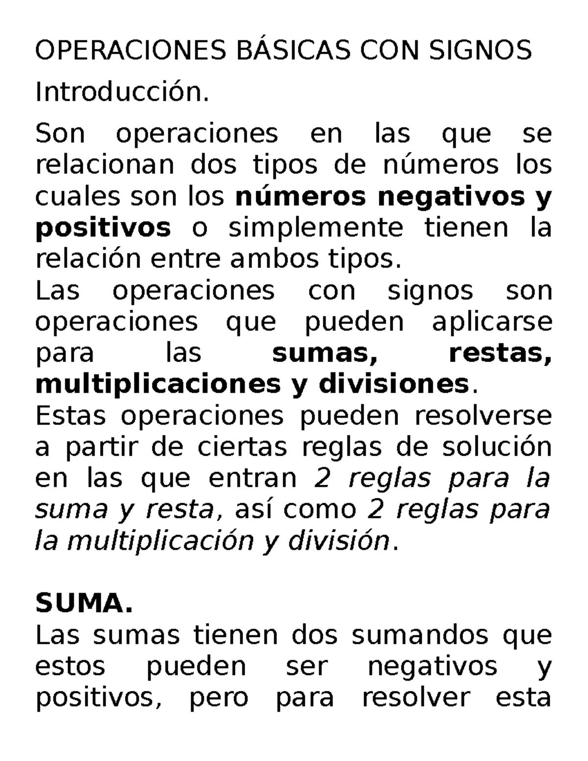 Operaciones Básicas CON Signos - OPERACIONES BÁSICAS CON SIGNOS ...